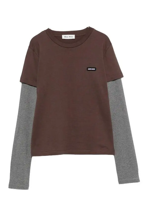 Miu Miu Cotton Jersey Striped Sleeve Top - Brown