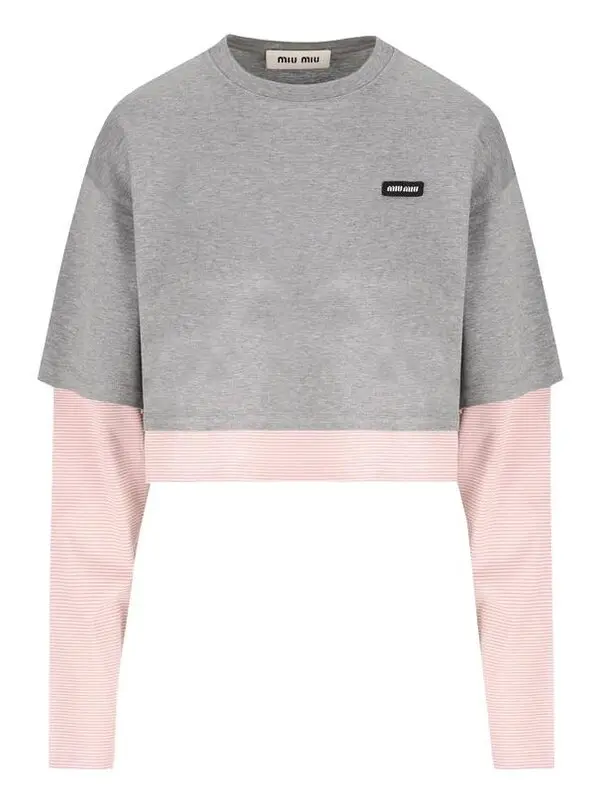 Miu Miu Cropped Jersey Top With Layered Sleeves - Gray