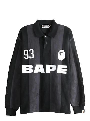 A BATHING APE Sta Stripe Pattern Jacquard Logo Relaxed Fit Long Sleeve Tee Shirt - Black