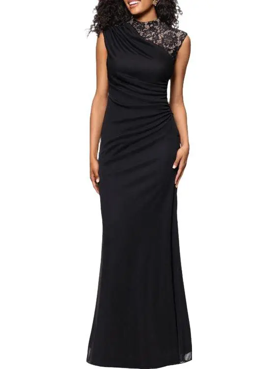 Betsy & Adam Lace Detail Mixed Media Gown - Black/nude