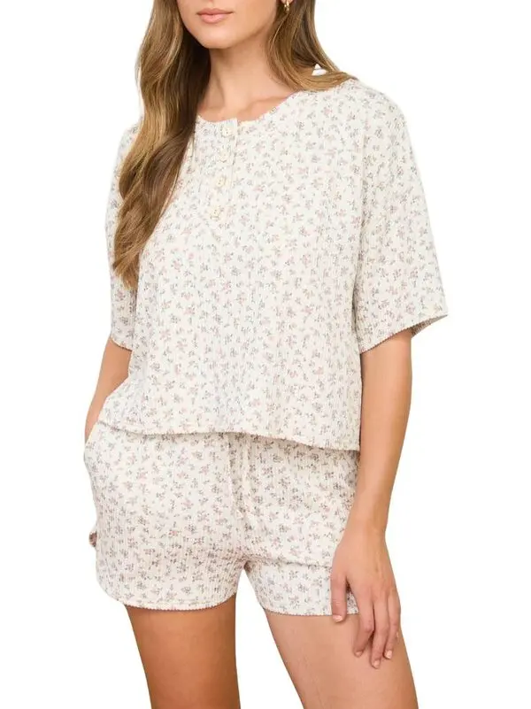 J.O.A. Ditsy Floral Henley Top & Shorts Set - Mocha Multi