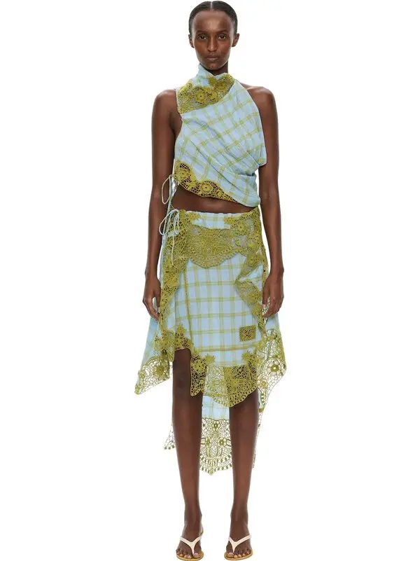 Christopher Esber Checked Cotton Handkerchief Envelope Midi Skirt With Embroidered Trim - Blue