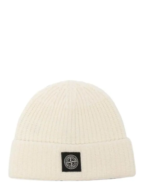Stone Island Ribbed Logo Patch Beanie - White