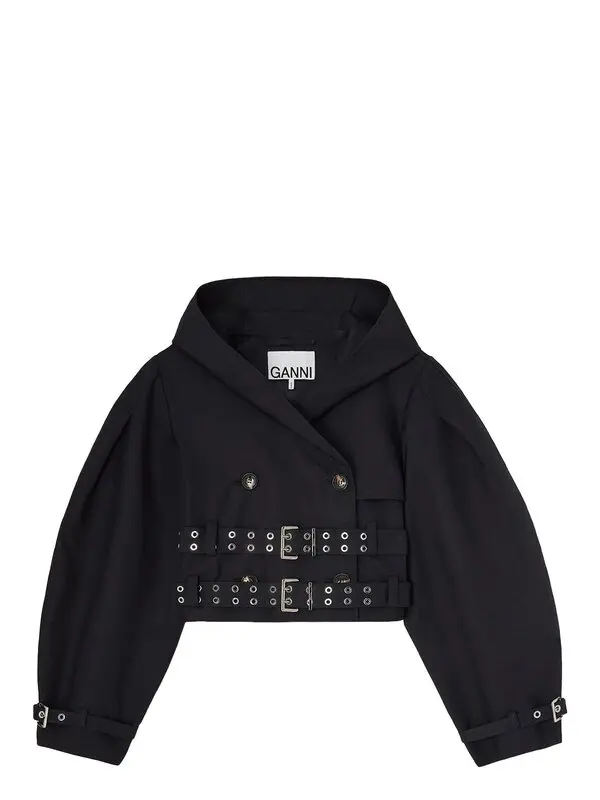 GANNI Double-breasted Trench Jacket With Puff Sleeves And Buckle Detailing - Black