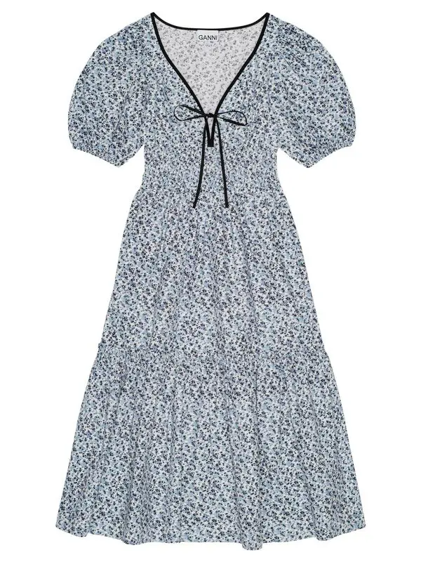 GANNI Floral Printed Cotton Long Smock Dress - Blue