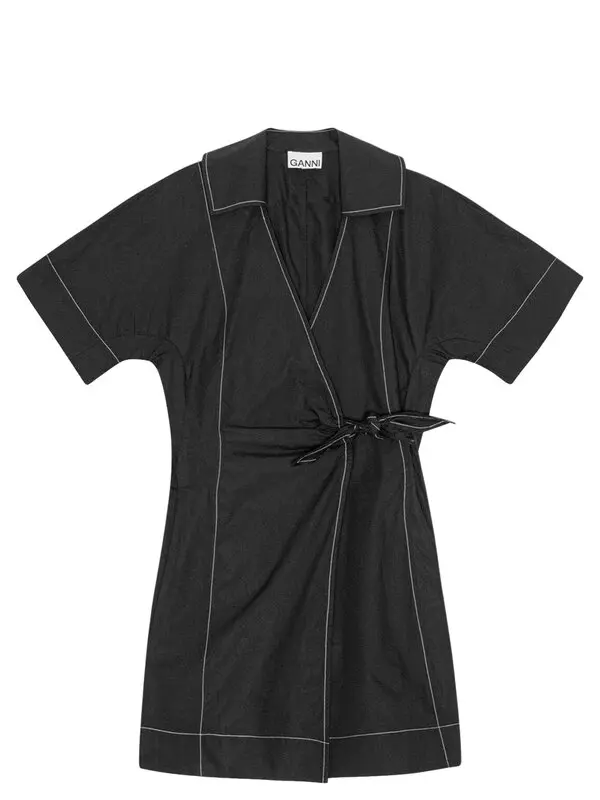 GANNI Cotton Poplin Wrap Mini Dress - Black