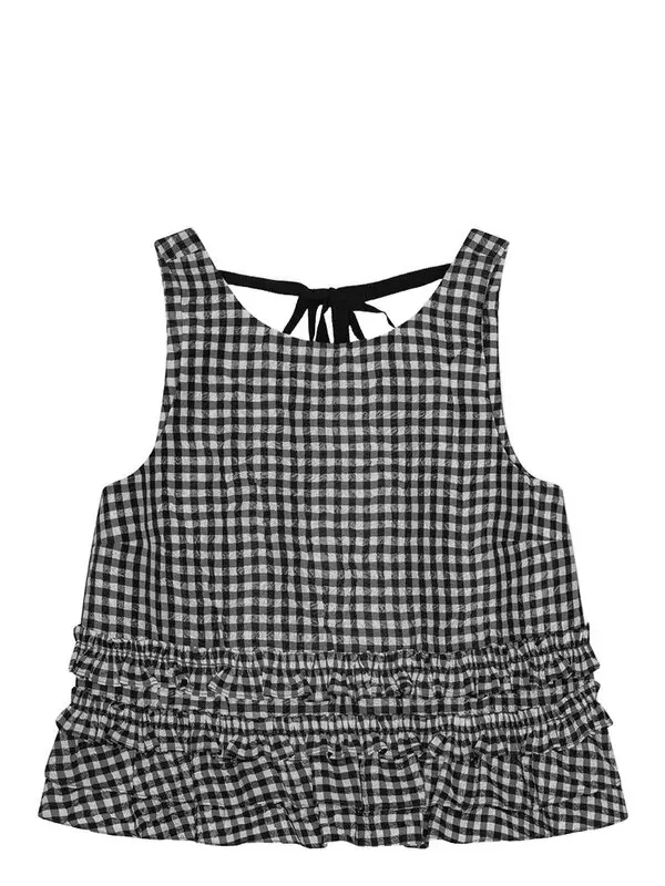 GANNI Crinkled Check Frill Top - Black