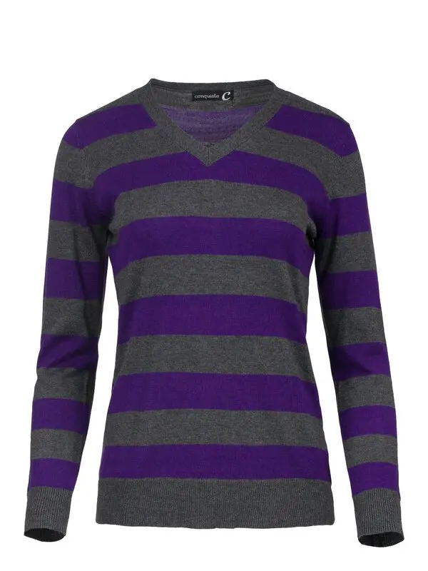 CONQUISTA Fitted Long Sleeve V-neck Striped Knit Jumper - Grey