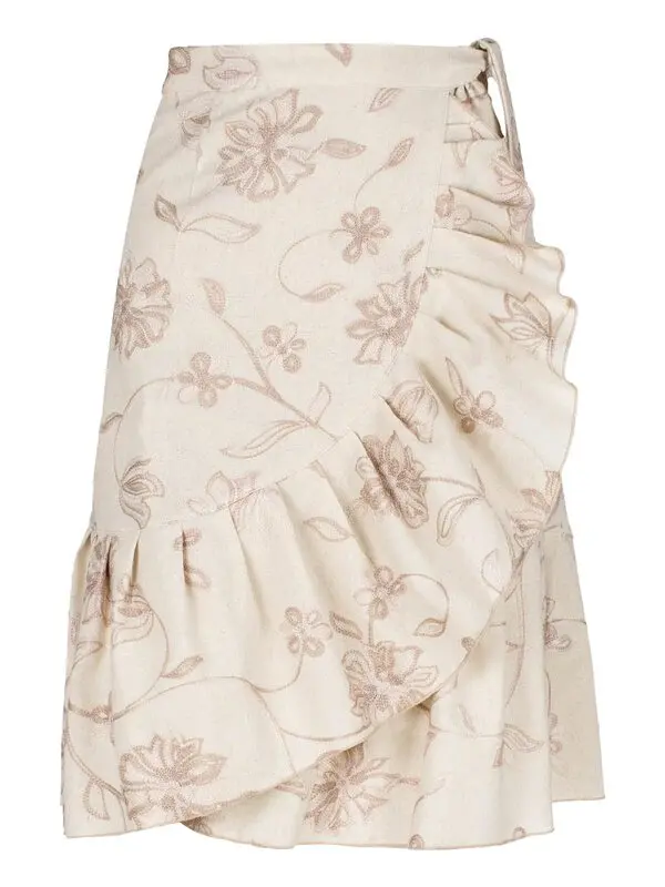 CONQUISTA Embroidered Floral Wrap Skirt - Beige
