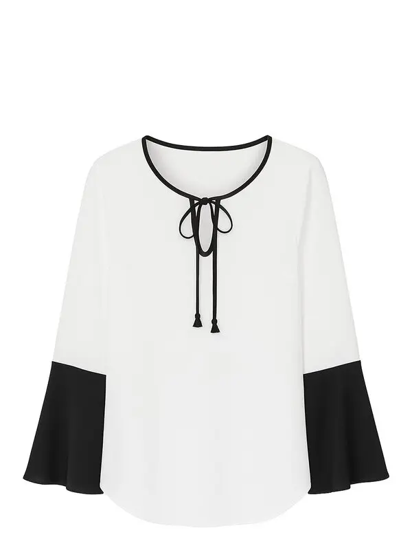 CONQUISTA Fashion Contrast Detail Bell Sleeve Top - Beige