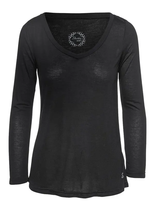 CONQUISTA V-neck Long Sleeve Top With Rhinestone Detail - Black