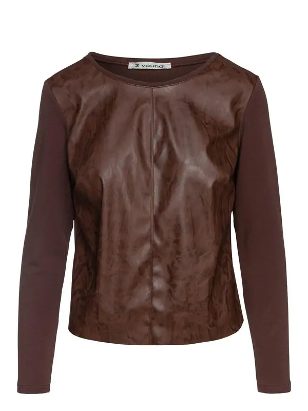 CONQUISTA Faux Leather Detail Top - Brown