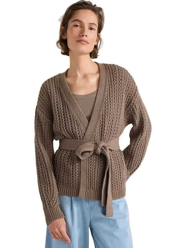 HAVEN WELL WITHIN Textured Cotton Blend Belted Cardigan - Carbon