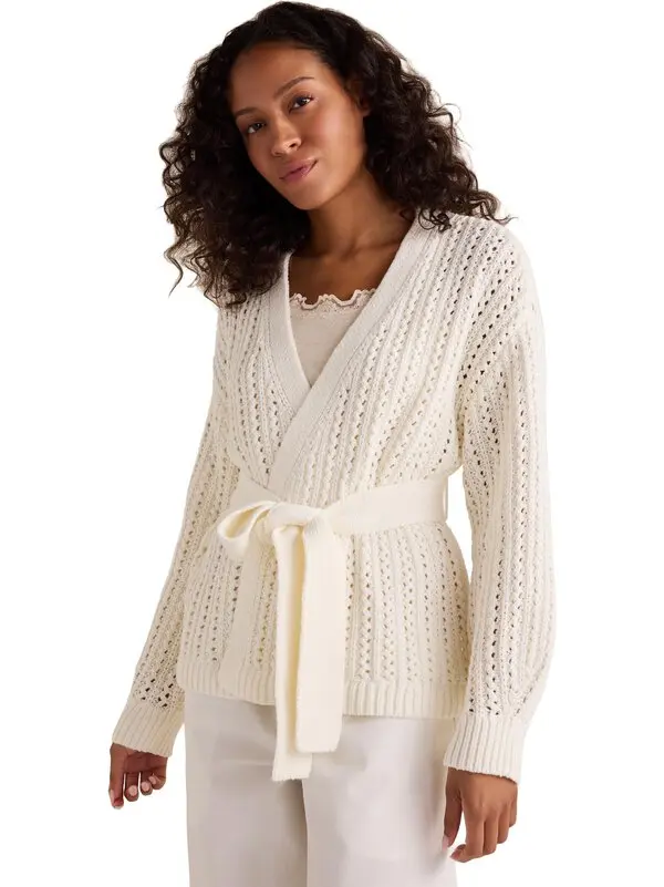 HAVEN WELL WITHIN Textured Cotton Blend Belted Cardigan - Ivory