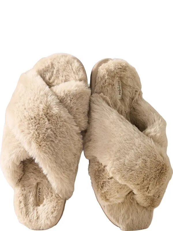HAVEN WELL WITHIN Faux Fur Criss-cross Slippers - Oat