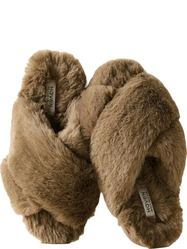 HAVEN WELL WITHIN Faux Fur Criss-cross Slippers - Truffle