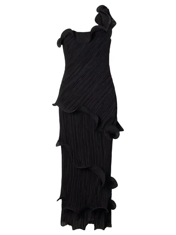 Cult Gaia Payton Pleated Gown With Sculpted Neckline And Ruffled Accents - Black