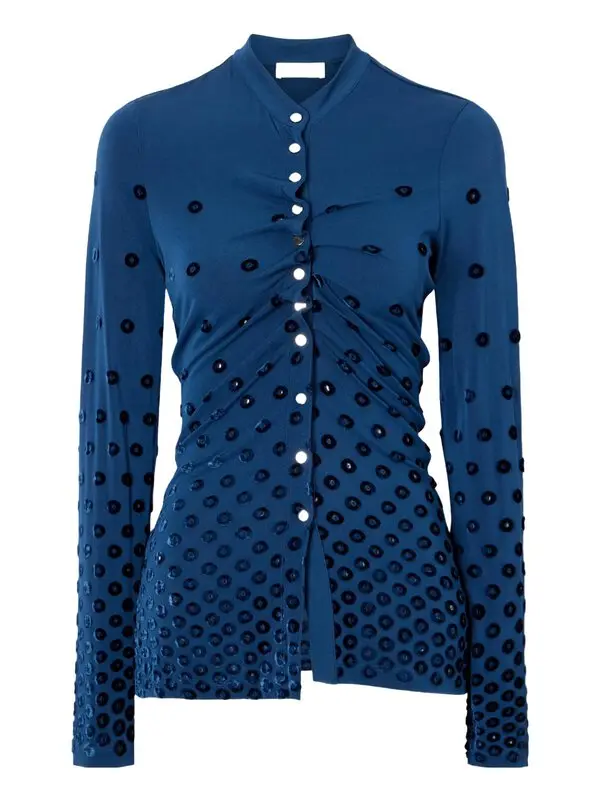 Rabanne Gathered Flocked Jersey Blouse - Blue