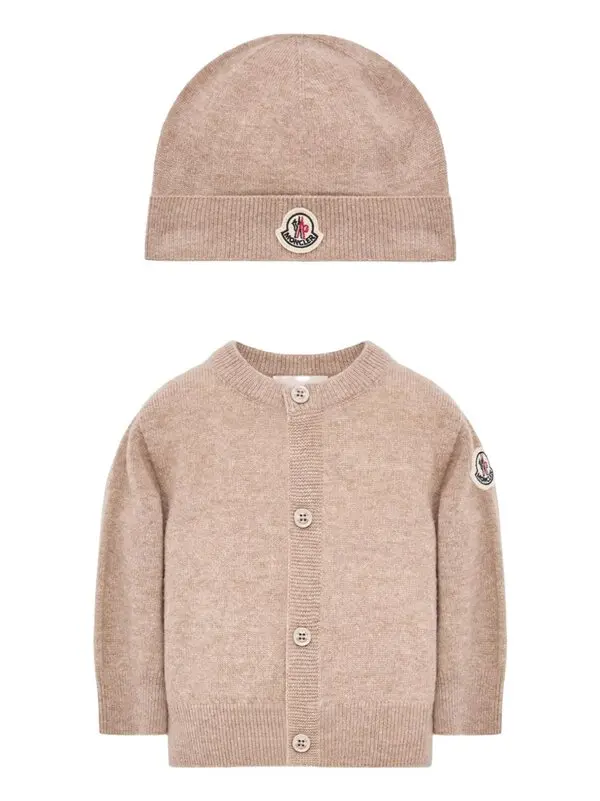 Moncler Embroidered Logo Wool Cardigan And Hat Set - Beige
