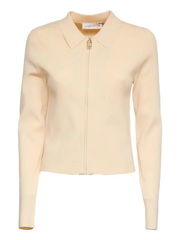 Victoria Beckham Ribbed Knit Zip Cardigan - Nude