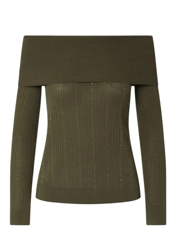 Liu Jo Wool Sweater With Bardot Neckline And Micro Studs - Green