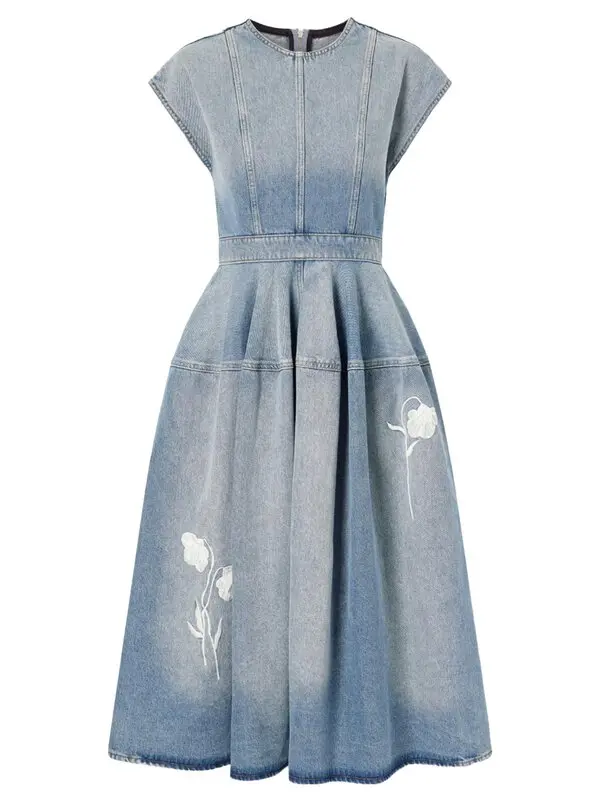 Erdem Floral-appliquéd Denim Midi Dress - Blue