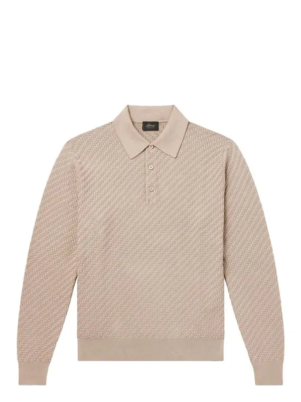 Brioni Woven Cotton, Cashmere And Silk-blend Polo Sweater - Brown