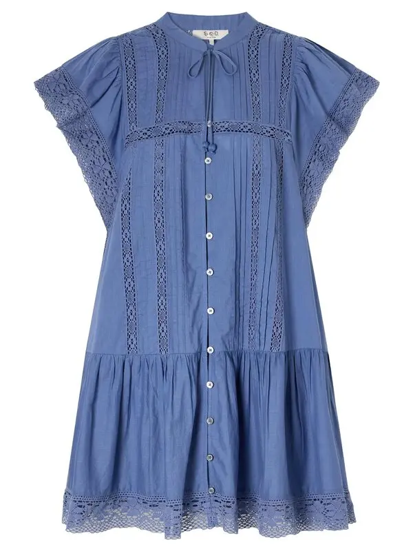 Sea Pippa Tiered Lace-trimmed Cotton Mini Dress - Blue