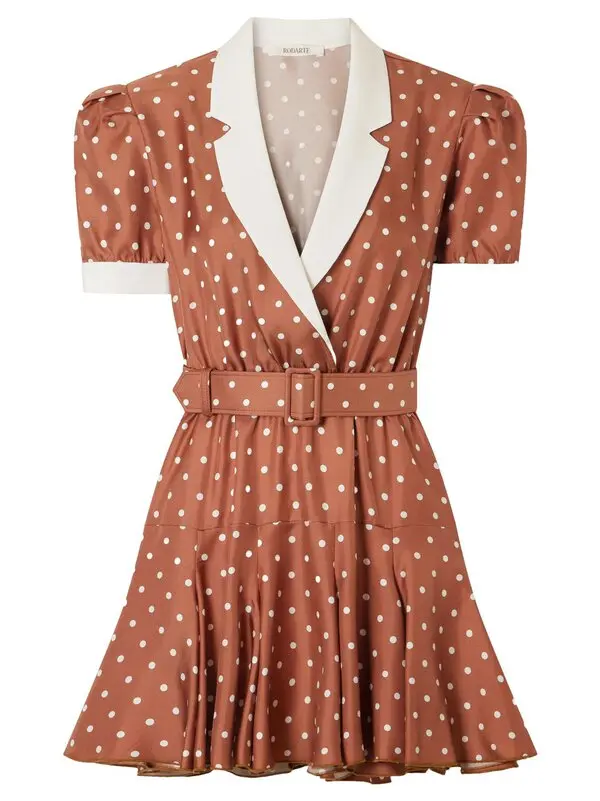 RODARTE Belted Polka Dot Silk Midi Dress - Brown