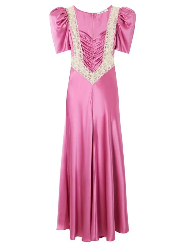 RODARTE Ruched Embroidered Lace-trimmed Silk-twill Maxi Dress - Pink