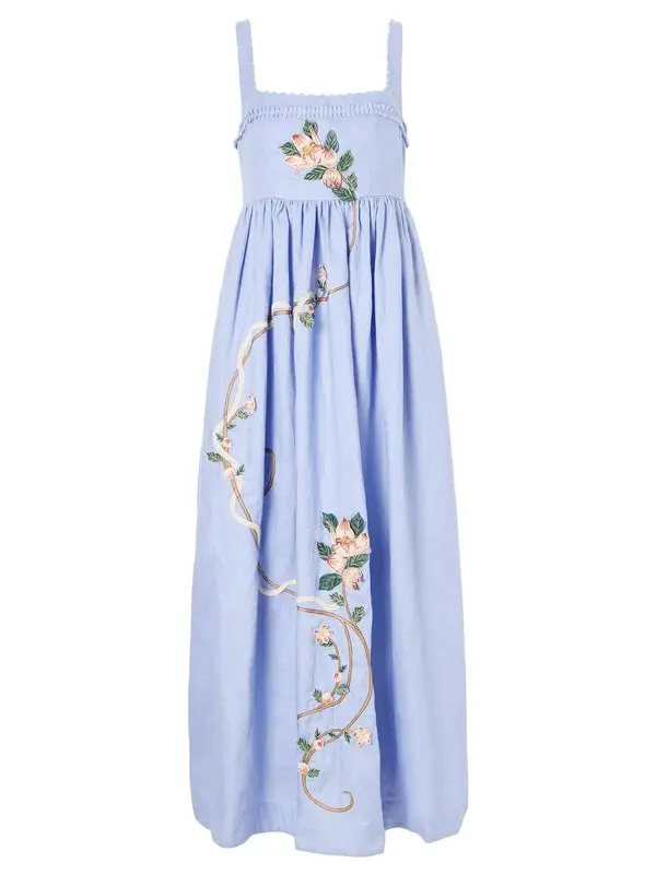 Agua Bendita Barbara Navegante Embellished Linen Maxi Dress - Blue