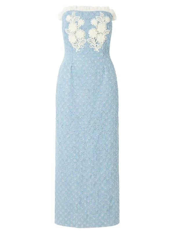 RODARTE Appliquéd Sequin-embellished Lace-trimmed Denim Midi Dress - Blue