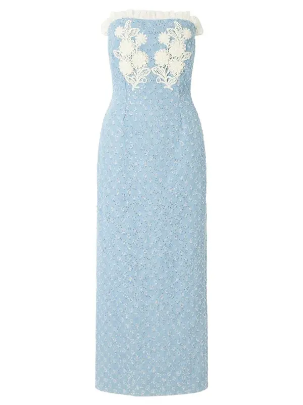 RODARTE Appliquéd Sequin-embellished Lace-trimmed Denim Midi Dress - Blue