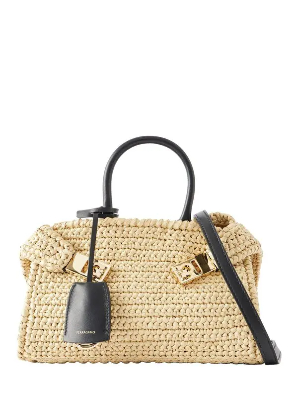 FERRAGAMO Hug Mini Raffia Shoulder Bag With Leather Trim - Neutrals
