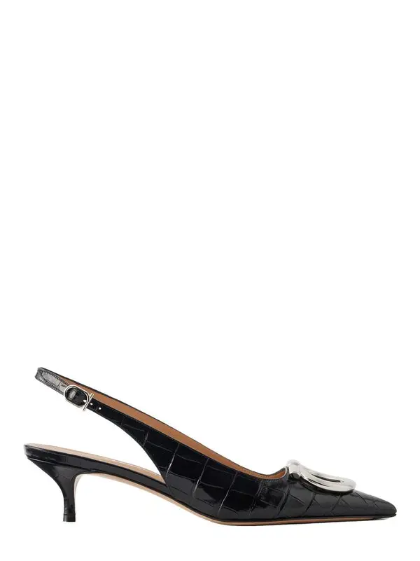 FERRAGAMO Sara 40 Embellished Croc-effect Leather Slingback Pumps - Black
