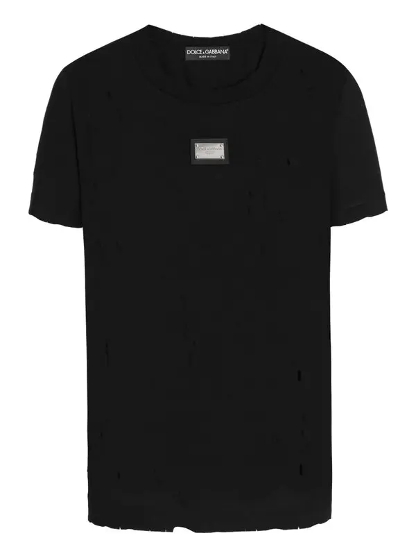 Dolce & Gabbana Distressed Jersey T-shirt With Logo Tag - Black