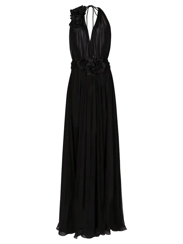 Dolce & Gabbana Silk Chiffon Floral Appliqué Gown - Black