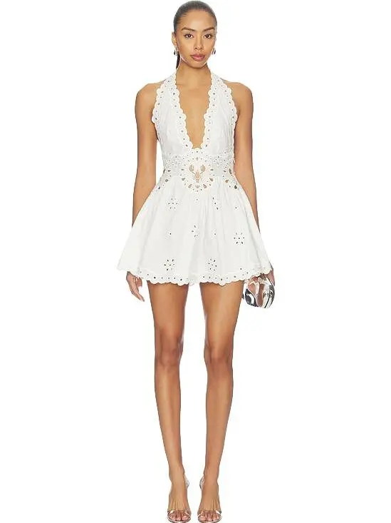 Retrofete Beranice Halterneck Mini Dress With Eyelet Trim - Ivory