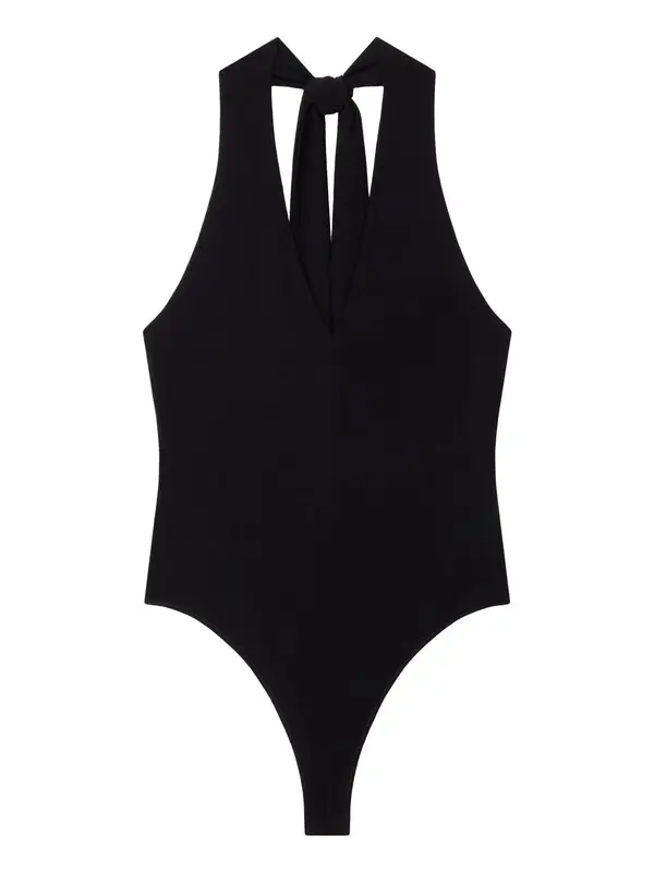 GWYN Ana Bodysuit With Plunge Neck And Open Back - Black