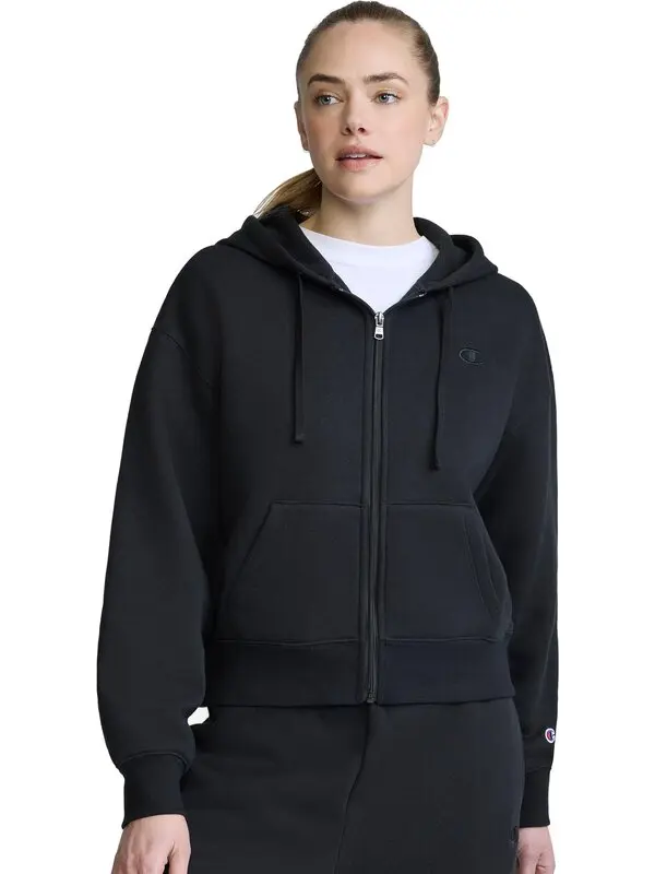 Champion Cropped Zip-up Hoodie With Embroidered Logo - Black