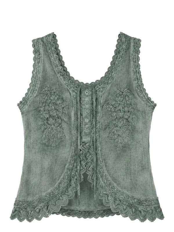 MUCHE & MUCHETTE Cannes Top With Lace Inserts And Floral Embroidery - Green