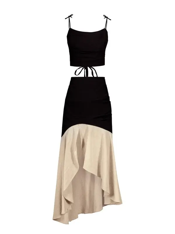 ALINA CERNATESCU Black & Beige Cocktail Corset Top And Midi Skirt Set - Beige/black