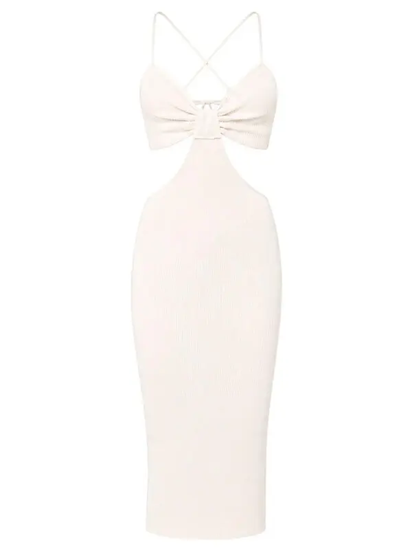 CHIARELLA Ribbed Knit Midi Dress With Bow Detail - Beige