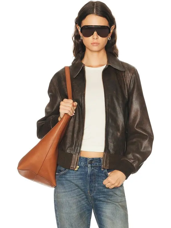 R13 Boyfriend Leather Bomber Jacket - Brown