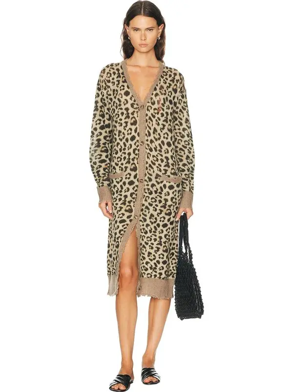 R13 Printed Long Cardigan - Light Brown Leopard