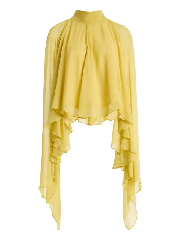 DE LA VALI Chiffon Top With Ruffles And Dramatic Sleeves - Green