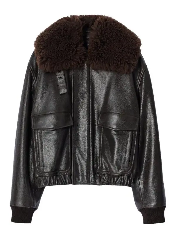 LEMAIRE Blouson In Shiny Leather With Detachable Fur Collar - Ebony