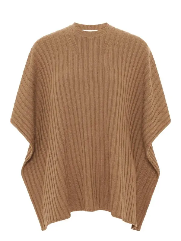 Gabriela Hearst Crew Neck Ribbed Knit Poncho - Camel