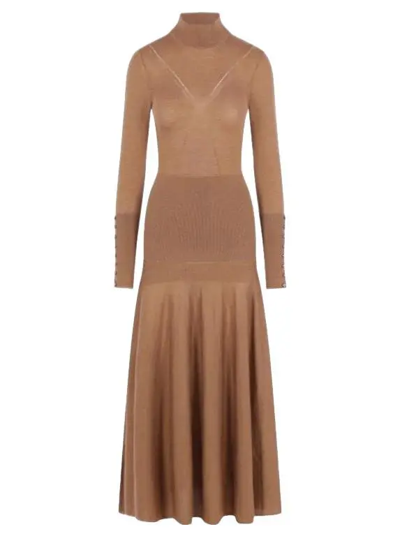 Rabanne Turtleneck Maxi Dress With Button Cuffs - Camel
