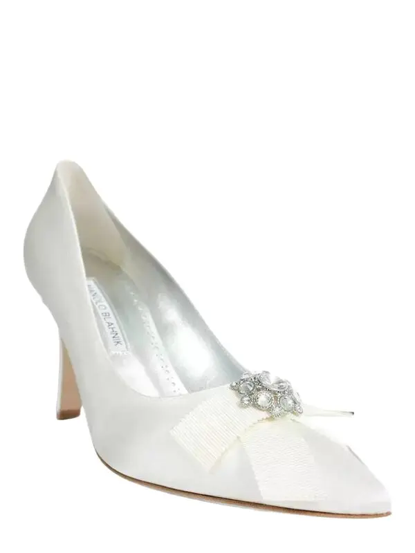 Manolo Blahnik Embellished Bow Pointed Toe High Heel Pumps - White